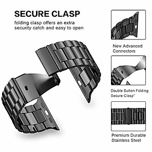 Fitlink Stainless Steel Apple Watch Band for Apple Watch 49mm 45mm 44mm 42mm 41mm 40mm 38mm, Waterproof iWatch Band for iWatch Series 9 8 7 6 5 4 3 2 1 SE Ultra for Women Men(Black, 42/44/45/49mm)