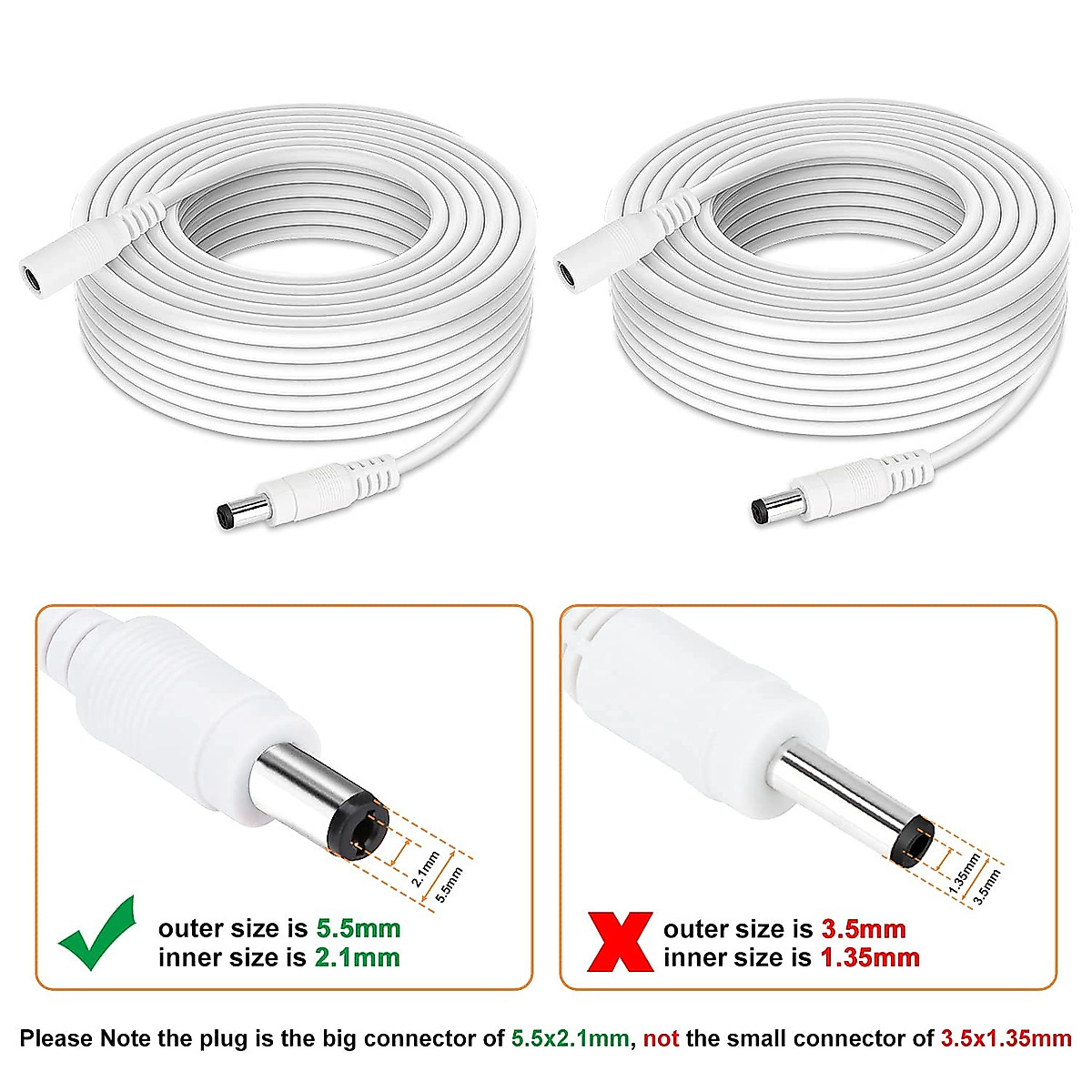 DC Power Extension Cable, 33ft 2Pack 2.1mmx5.5mm DC Plug Power Supply Adapter Extension Cord 20AWG Power Cord Compatible with 12V,24V Wireless CCTV IP Security Camera,Led Strip Lights(2pcs White)