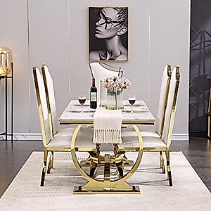 ACEDÉCOR Modern Dining Room Table with Gold Stainless Steel Metal U-Base in White Gold