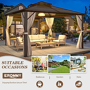 EROMMY 12' x 12' Gazebo Polycarbonate Double Roof Canopy Outdoor Aluminum Frame Pergola, Permanent Pavilion with Netting and Curtains for Garden Patio Lawns Parties