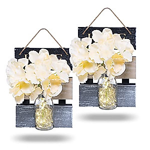 Dailyart Mason Jar Sconces Wall Decor, Rustic Mason Jar Wall Sconce Hanging Mason Jar Sconces with LED Fairy Lights, Farmhouse Wall Decor Country Decorations for Home, Set of 2