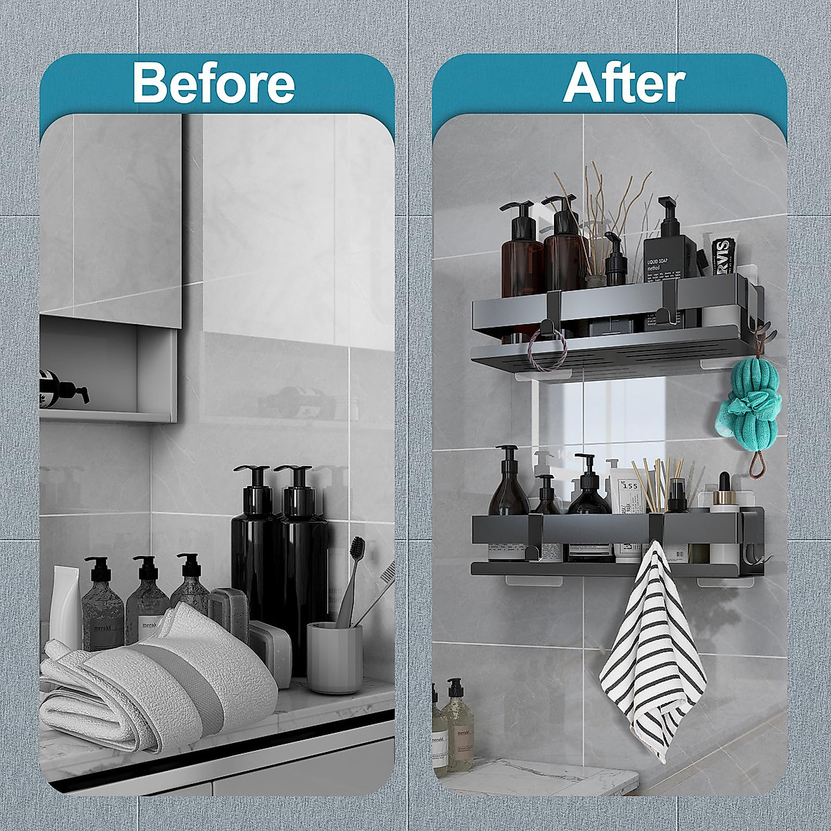 OJLUOJ Shower Caddy Storage 2 Pack Black Adhesive Stainless Steel Shower Shelves With 6 Holder Hooks Bath Organizers Bathroom Shower Rack