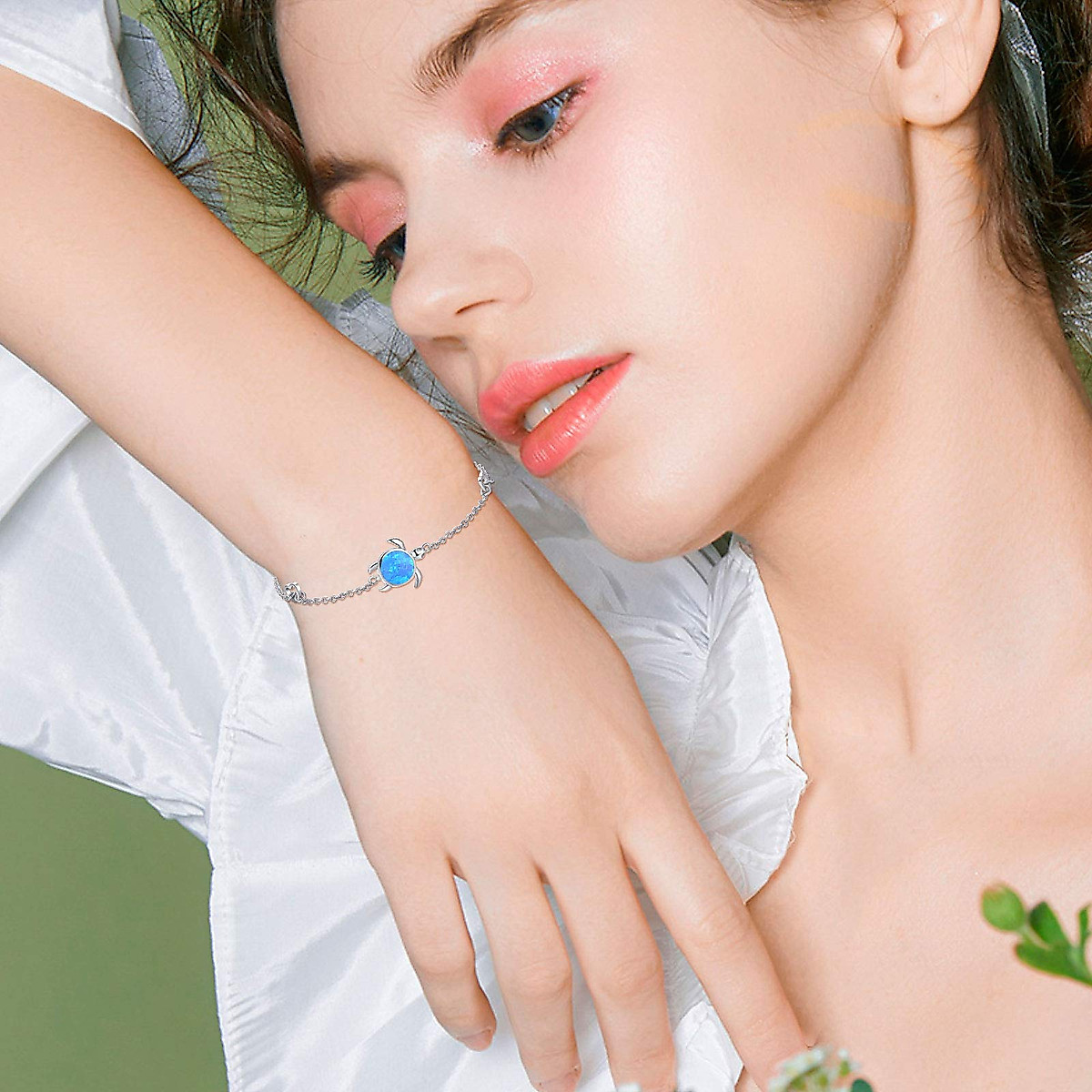 Cuoka Turtle Bracelet 925 Sterling Silver Opal Turtle Jewelry Sea Turtle Bracelet Ocean Nature Bracelet Turtle Gift for Her for Women (B-Blue Opal)