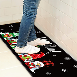 Christmas Kitchen Rugs and Mats Set of 2, Christmas Tree Gnomes Farmhouse Buffalo Plaid Mats Xmas Decorations Area Rug Washable for Home Kitchen Bathroom Living Room Floor ,16X 24 and 16x47inch