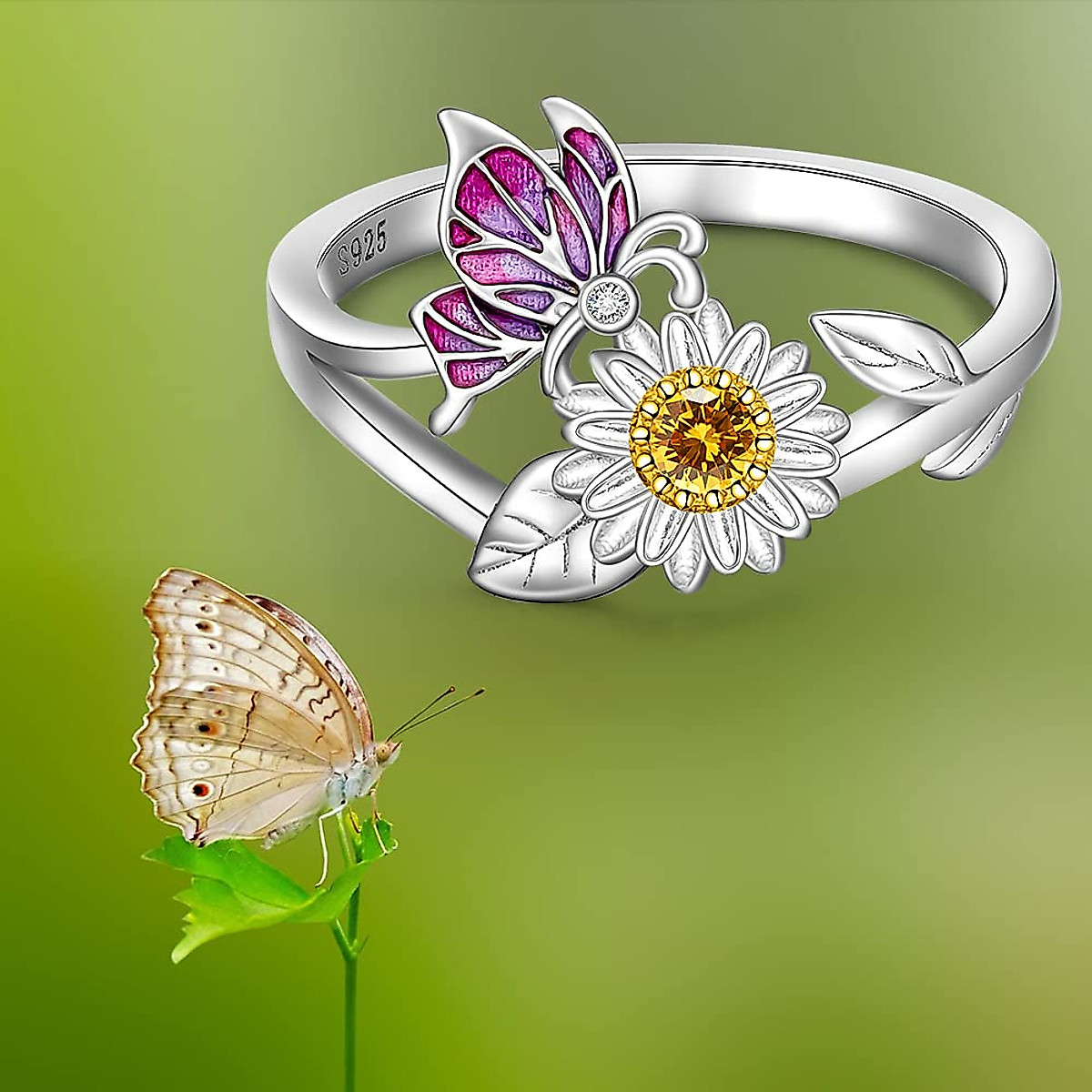 Fenthring Daisy Ring Butterfly Gifts for Women Flower Jewelry Sunflower Sterling Silver Engagement Dainty Cubic Zirconia Cute Rings Size 7