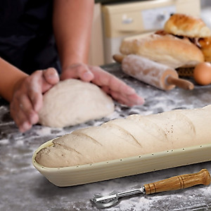 17 Inch Long Baguette Banneton Bread Proofing Basket and Linen Liner Set Premium Sourdough French Proofing Basket with Dough Whisk, Bread Lame and Blades Natural Rattan Bread Fermentation Bowls