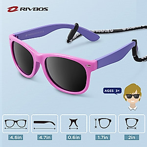 RIVBOS Kids Sunglasses for Girls Boys with Strap Polarized UV Protection Flexible Rubber Shades RBK004-2 Pink