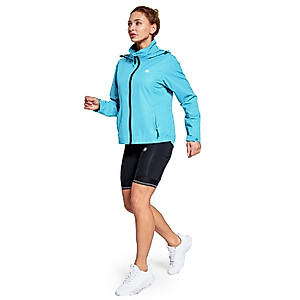 FitsT4 Sports Women's Cycling Running Jackets Lightweight Windproof Bike Windbreaker Reflective with Hood Light Blue Size XL