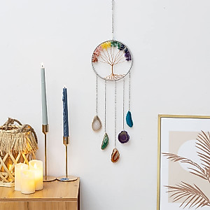 Gem Dream Catchers Agates 7 Chakra Gemstone Wall Hangings Tree of Life Meditation Ornament Home Chakra Feng Crystals Decor Stone…
