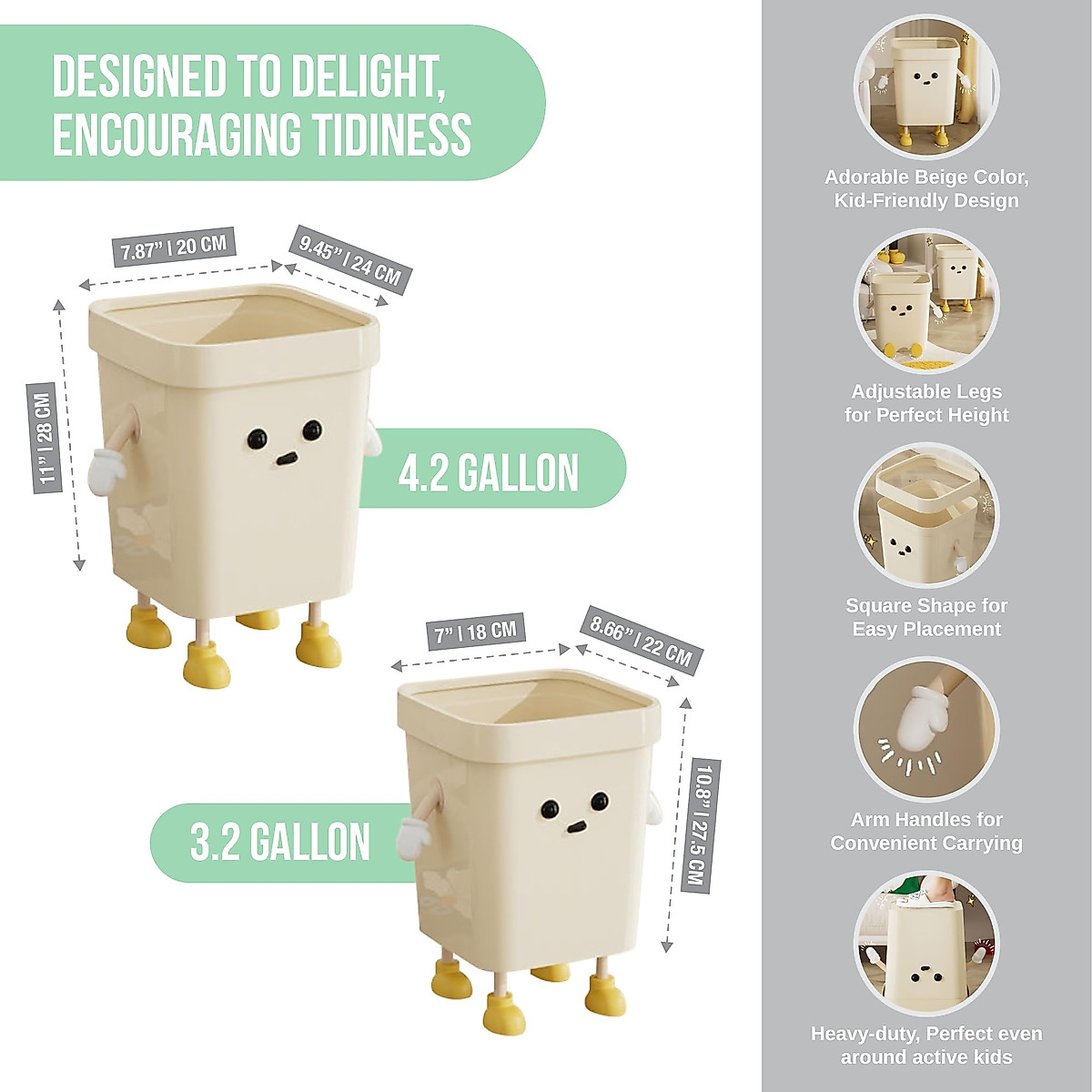 3.2-Gallon Cute Kids Trash Can - Durable Waste Basket Perfect for Kids Rooms, Classrooms, Pediatric Clinics - Beige Square-Shaped Trash Bin w/Arms & Legs - Comes with Removable Trash Bag Holder
