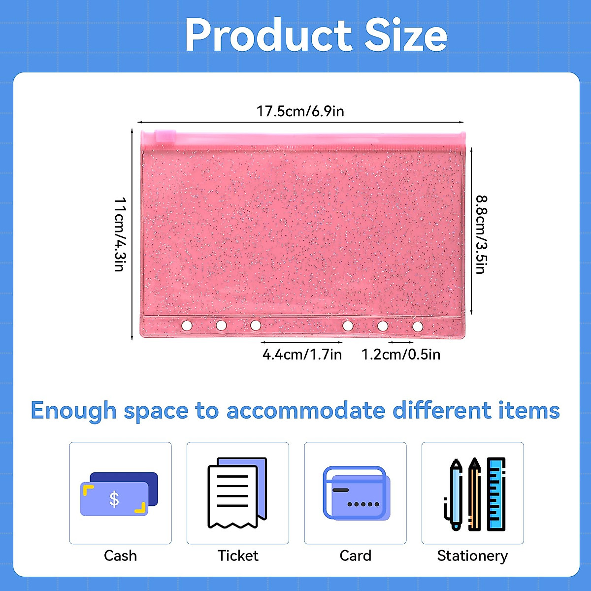 15Pcs Glitter A6 Binder Pockets PVC Pocket Notebook Binder Clear Binder Folders, Colorful Holes Binder Zipper Folders Waterproof PVC Pouch Folders for Document Receipt Picture