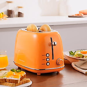 2 Slice Toaster Roter Mond Retro Stainless Steel Toaster with Bagel, Cancel, Defrost Function and 6 Bread Shade Settings Bread Toaster, Extra Wide Slot and Removable Crumb Tray, Orange