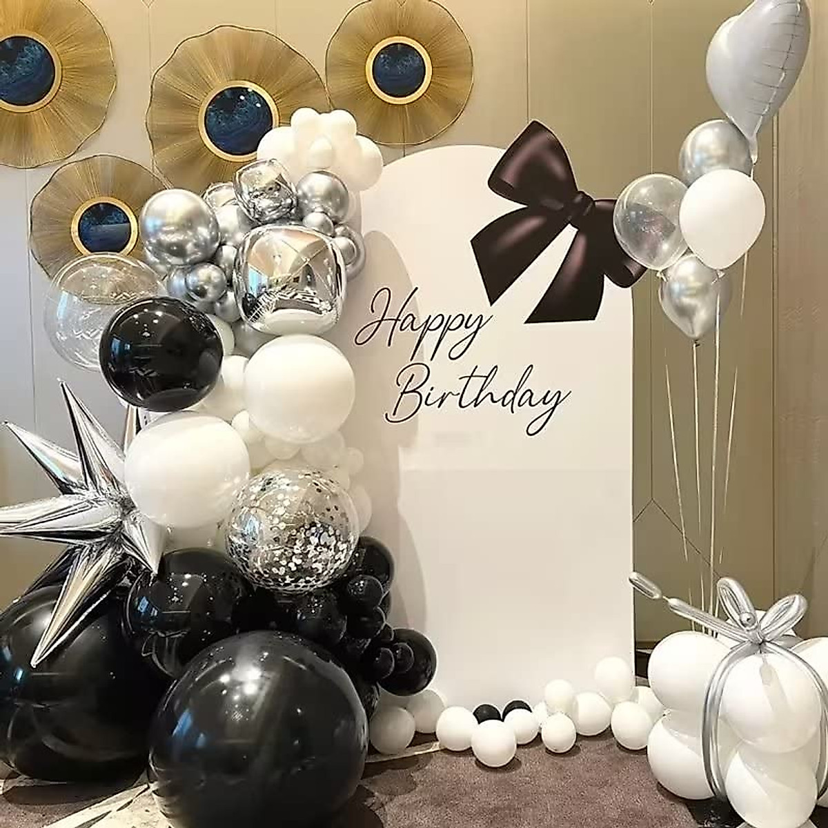 LyzzGlobo Starburst Black and White Balloon Garland Kit, Silver and Confetti Aluminum Film Balloons Arch Kit for Birthday Wedding Anniversary Party Supplies