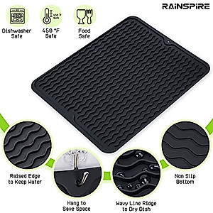 Rainspire Dish Drying Mats For Kitchen Counter, Silicone Dish Mat Drying Kitchen Mat, Food Grade Silicone Sink Drying Mat, Quick Dry Slip Resistant Kitchen Mats, 16x12inch, Black