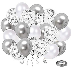 White Silver Confetti Latex Balloons, 50 Pack 12inch Silver Metallic Chrome Party Balloon Set with Silver Ribbon for Wedding Birthday Baby Shower Decorations