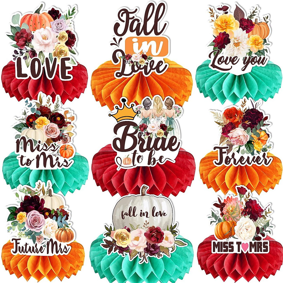 9 Pcs Fall Wedding Honeycomb Centerpieces Bachelorette Party Decorations Bride to Be Floral Little Pumpkin Table Topper Center Piece Fall Theme Miss to Mrs Bridal Shower Engagement Party Supplies