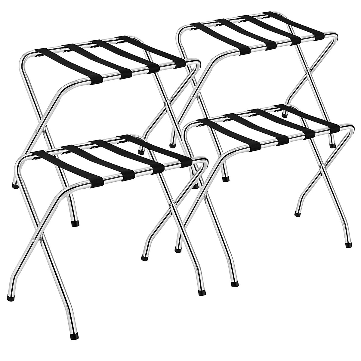 S AFSTAR Folding Luggage Rack Set of 4, Metal Luggage Holder with Nylon Belts & Non-slip Footpads, Assembly Free & 180 Lbs Capacity Chrome Suitcase Rack Stand for Home Bedroom Hotel, Silver