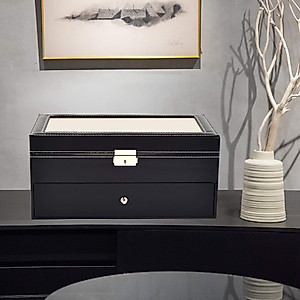 Siveit 12 Grids Sunglass Organizer Leather Eyeglasses Collector Double-Layer Eyewear Display Case Lockable Storage Box, Black