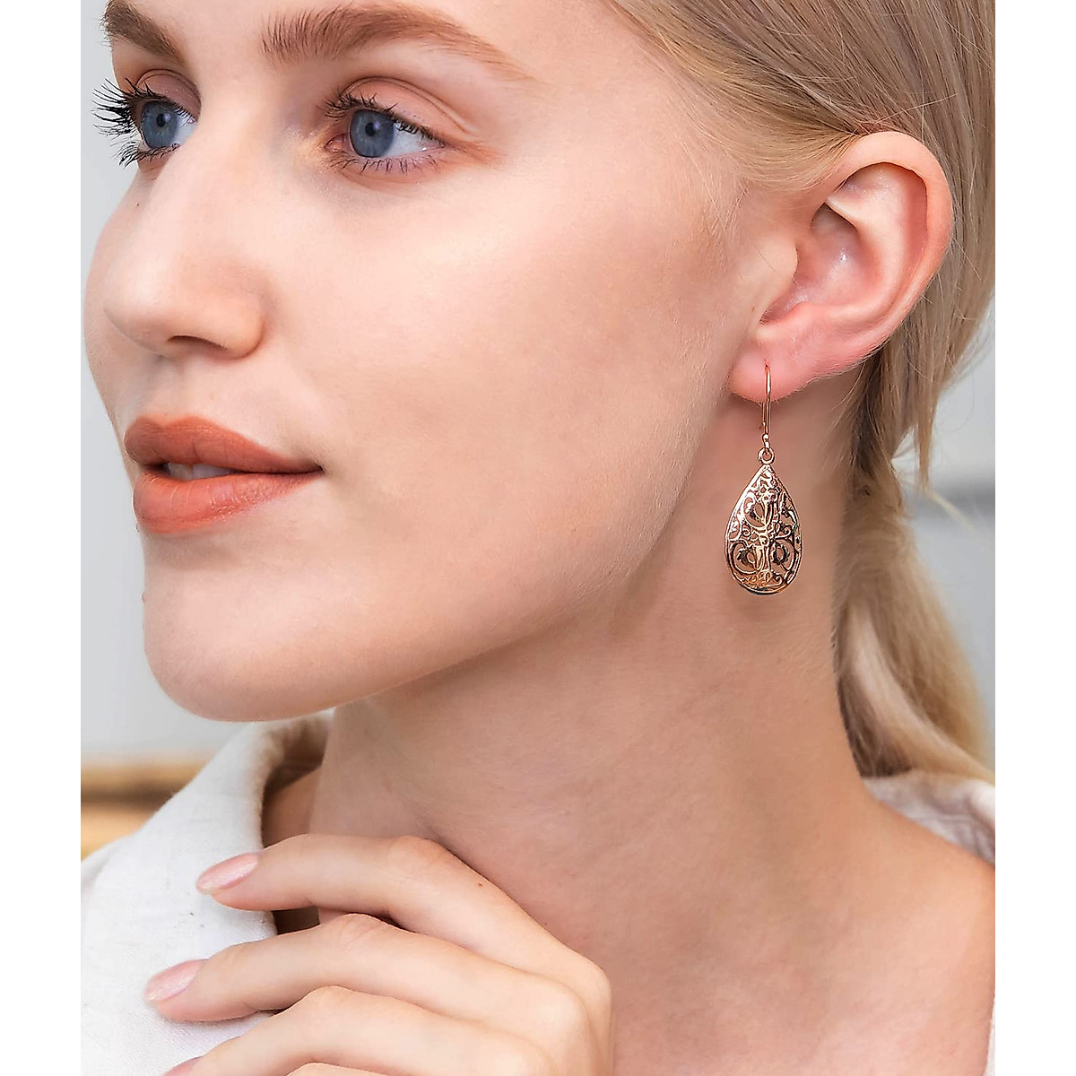 Rose Gold Flashed Sterling Silver Filigree Teardrop Drop Dangle Earrings for Women