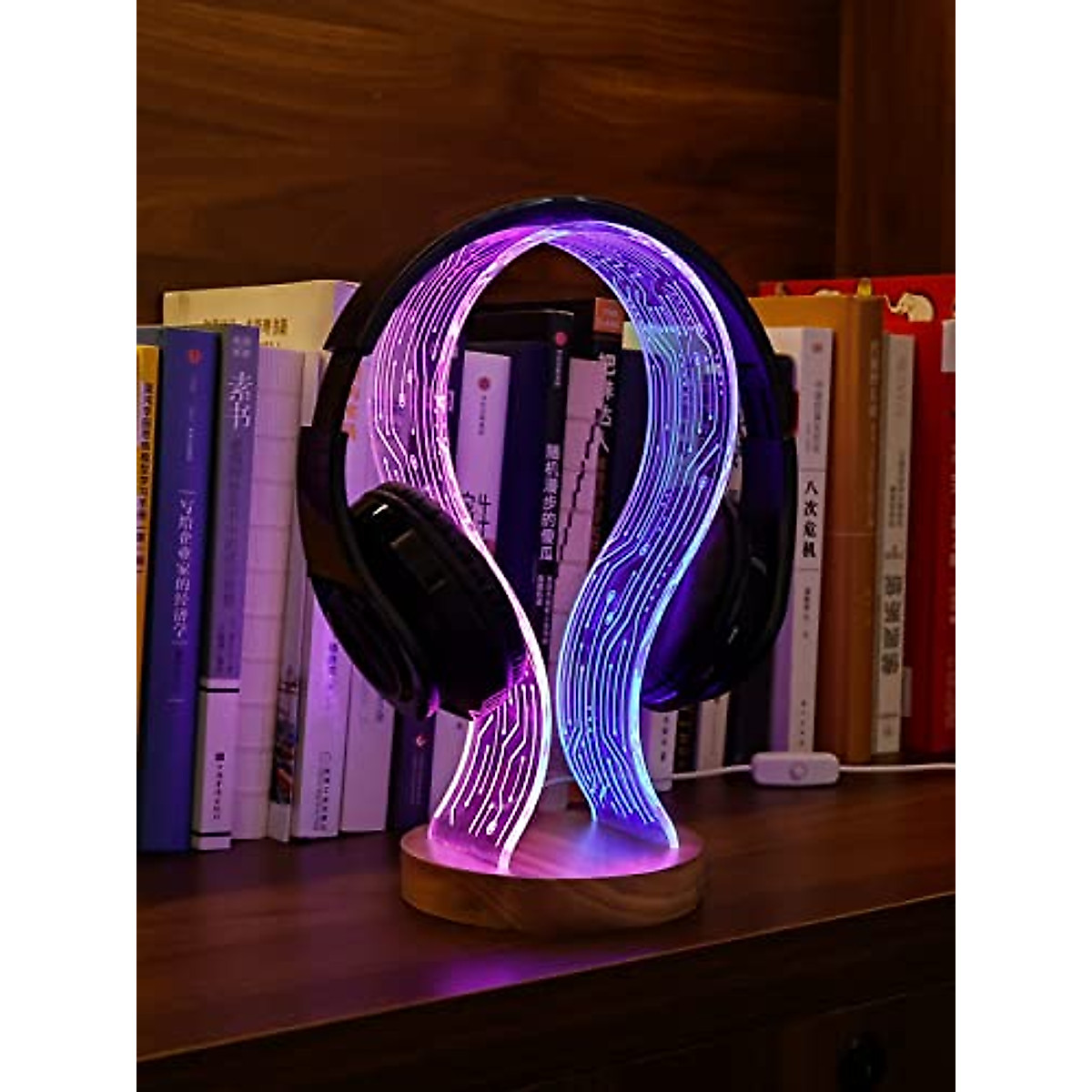 YuanDian Headphone Stand, Walnut Wood Headset Holder with Blue Pink LED Night Light for Gamers, Men, and Music Lovers - Perfect Desk Gift Idea