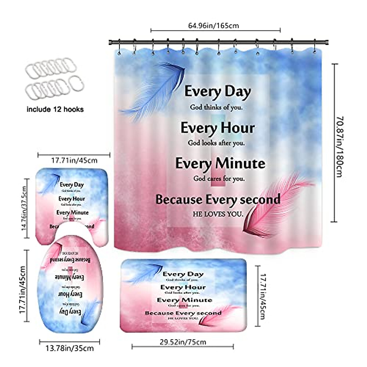 4pcs Christian Bible Verse Bathroom Shower Curtain Sets with Rugs Accessories,Bathroom Curtains Shower Set Bathroom Decor with 12 Hooks,Toilet Lid Cover Sets with Non-Slip Rug Bath Mat