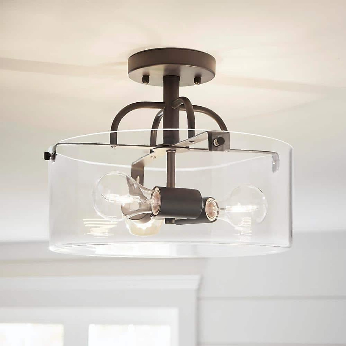 3-Light Bronze Semi-Flush Mount with Clear Glass Shade