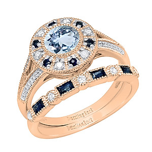 Dazzlingrock Collection 6mm Centre Round Aquamarine with Round White Diamond & Baguette Alternating Blue Sapphire Halo Miligrain Wedding Ring Set for Women in 10K Rose Gold Size 9.5