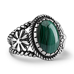 American West Jewelry Sterling Silver Women's Ring Green Malachite Gemstone Native-Inspired Flower Design Size 8
