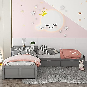 L Shaped Platform Bed with Trundle and Drawers, Wooden Twin Corner Bed Frame Linked with Built-in Desk for 3 People, Gray