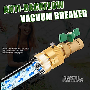 PK1390 Replacement Self Draining Vacuum Breaker,1-1/16" Fine Thread Female to 3/4" GHT Thread Male Hose Bib Backflow Preventer Lead-Free Brass