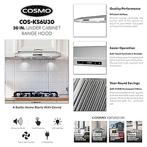 COSMO COS-KS6U30 30 in. Haven Collection 500 CFM Ducted Under Cabinet Range Hood, Touch Controls, LED Lights, Stainless Steel, 30 inch