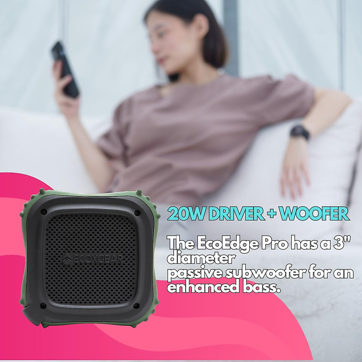 ECOXGEAR EcoEdge Pro Bluetooth Speakers - Large Bass Enhancing Passive Woofer, Waterproof Speaker w/LED Party Lights, 20+ Hours Playtime Portable Speaker, Siri and Google Voice Assistant Activated
