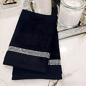 Sparkles Home Rhinestone Stripe Fingertip Towel Set of 2 - Design Soft Luxury Hotel Quality Absorbent Towels for Aesthetic Bathroom Décor, Black