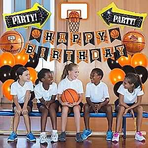 Basketball Party Decorations Birthday Party Supplies 95Pcs - HAPPY BIRTHDAY Banner "PARTY!" Foil Balloons Basketball Hoop Stickers Basketball Foil Balloons Black/Orange Latex Balloons Door Sign Stickers Cupcake Toppers Cake Topper Birthday Decorations for