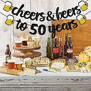 Joymee Cheers & Beers to 50 Years Black Glitter Banner for 50th Birthday Wedding Aniversary Party Supplies Decorations - PRESTRUNG