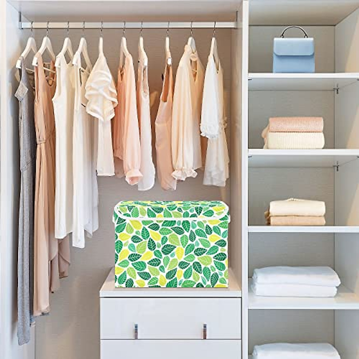 CaTaKu Abstract Leaf Storage Bins with Lids and Handles, Fabric Large Storage Container Cube Basket with Lid Decorative Storage Boxes for Organizing Clothes