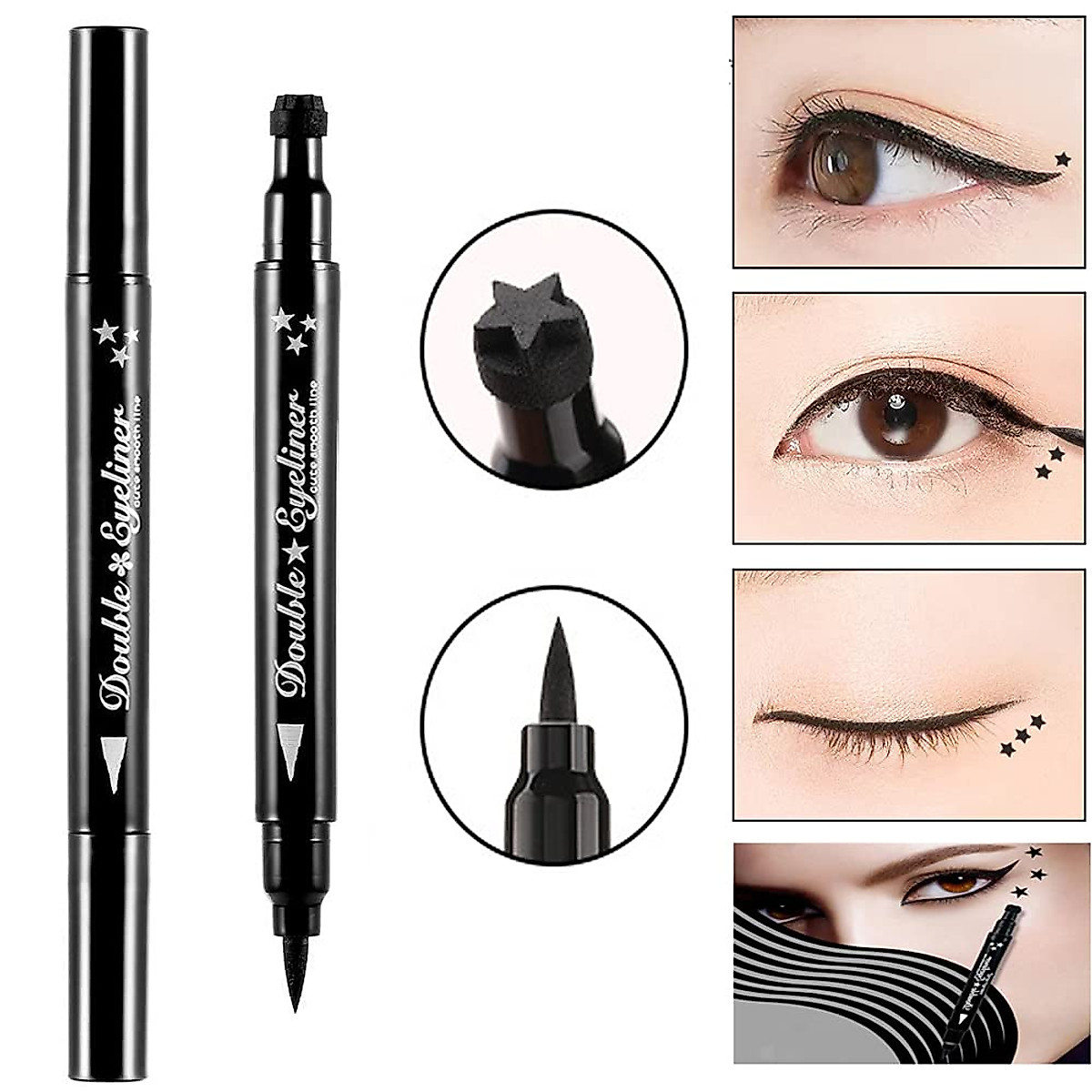 Pinkiou 2 in 1 Double-headed Liquid Eyeliner Pen Stamp Super Slim Gel Felt Tip High Pigment Black Waterproof Smudgeproof Long Lasting Tattoo Makeup Tool(Star)