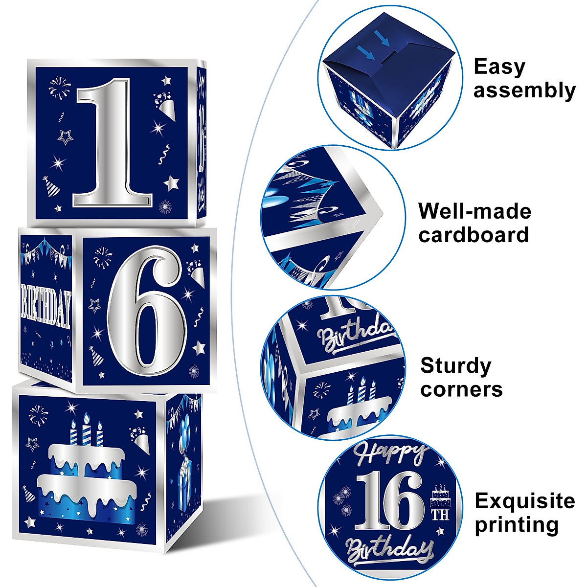 Turypaty 3 Packs Blue Silver 16th Birthday Decorations Boxes for Men Boys, Blue Navy Happy 16 Birthday Balloons Boxes Party Supplies, Sixteenth Years Old Bday Cardboard Box Decoration