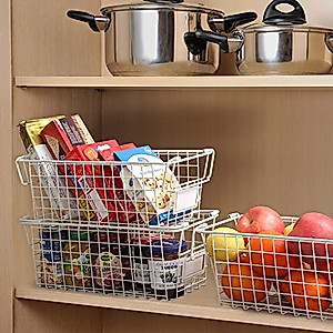 4 Pack Large Stackable Wire Baskets For Pantry Storage and Organization - Metal Storage Bins for Food, Fruit - Kitchen Bathroom Closet Cabinets Countertops Organizer, White