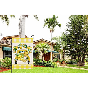 Yameeta Hello Summer Lemon Garden Flag 12.5x18 Inch Buffalo Yellow Truck with Lemons Gnome Sunflower Floral Farmhouse Decoration Double Sided Burlap Yard Lawn Outdoor Banner Flag