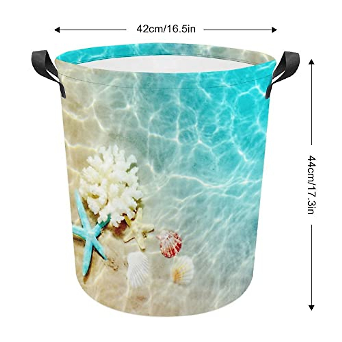Starfish Coral and Seashell on Beach Foldable Laundry Basket Waterproof Hamper Storage Bin Bag with Handle 16.5"x 16.5"x 17"