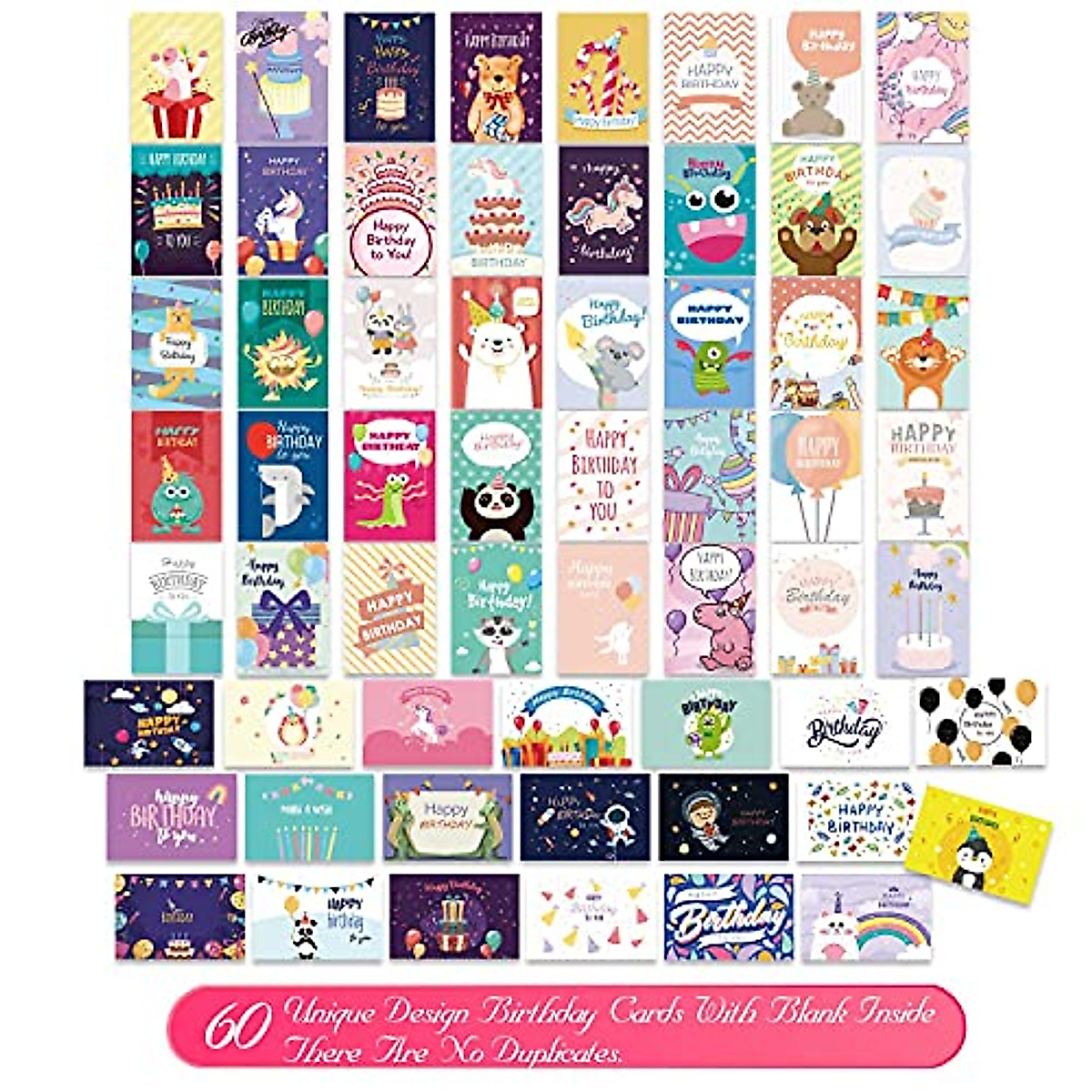 Hotcinfin Happy Birthday Cards Assortment Boxed Set, Bulk Assorted 60 Design Greeting Gift Cards With Envelopes,Stickers-Funny Blank Note for Friend, Kids,Men, Women,4X6