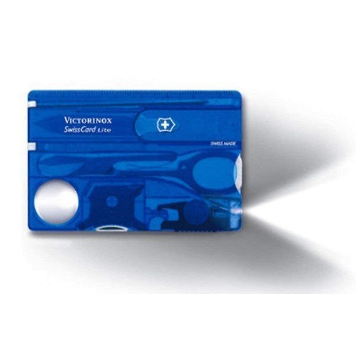 Victorinox Swiss Card Lite Swiss Army Knife, 13 Function Swiss Made Pocket Knife with Magnifying Glass LED and Tweezers - Sapphire