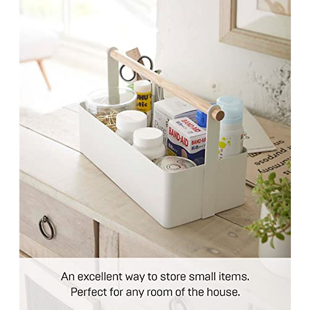 Yamazaki Caddy Home Storage Handle Organizer | Steel + Wood | Large | Baskets and Bins, One Size, White