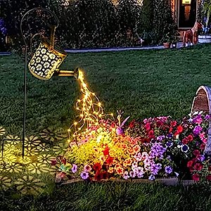 Solar Watering Can Lights Outdoor, Fairy Garden Lights, Hanging Solar Lights Metal Waterproof for Table, Patio, Yard Pathway, Outdoor Decorations with Hollow-Out Flower Design (with Hook and Stand)