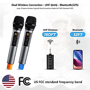 Bietrun Wireless Microphones with Echo,Treble,Bass&Bluetooth,160FT Range,Portable UHF Handheld Karaoke Dynamic Microphone System with Rechargeable Receiver for Karaoke,Singing,Amp,PA System,DJ,Stage