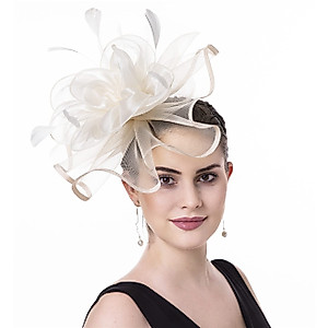 Fascinator Women's Organza Church Kentucky Derby British Bridal Tea Party Wedding Hat Summer Ruffle Hat, Medium(HJ2-Beige Flower)