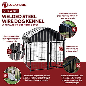 Lucky Dog 4 Feet Uptown Welded Steel Wire Mesh Secure Outdoor Dog Kennel Playpen Crate with Waterproof Cover and Lockable Gate, Black