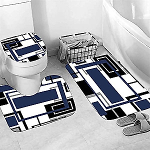 Yddsky 4 Pcs Blue Geometric Shower Curtain Sets Non-Slip Rugs Bath Mat, Toilet Cover, U-Shaped Mat, Abstract Geometric Modern Shower Curtain with 12 Hooks, Black and Blue Bathroom Set