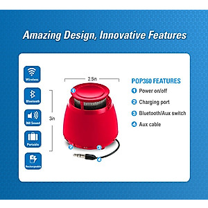 BLKBOX Wireless Bluetooth Speaker POP360 Hands Free Bluetooth Speaker - for iPhones, iPads, Androids, Samsung and All Phones, Tablets, Computers (Rockin' Red)